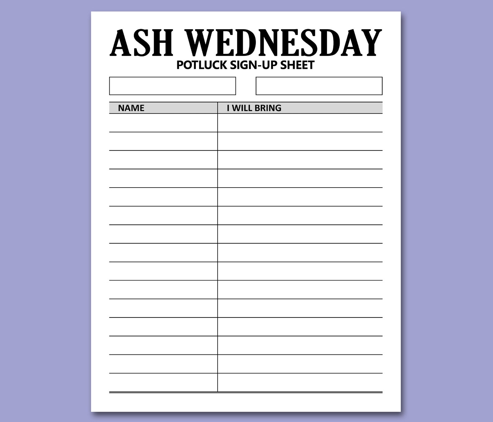 Ash Wednesday Potluck Sign up Sheet Printable Potluck Dinner | Etsy