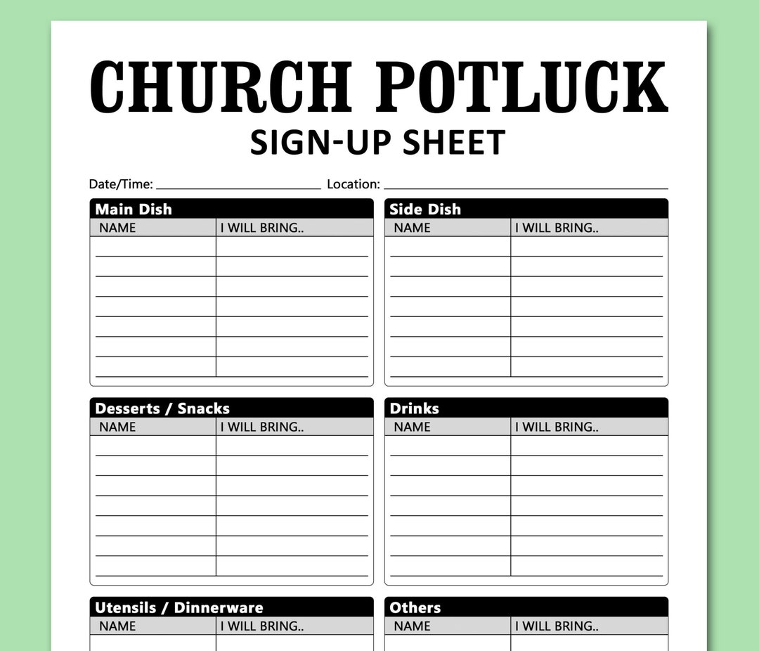 Church Potluck Sign up Sheet Printable Template Faith - Etsy