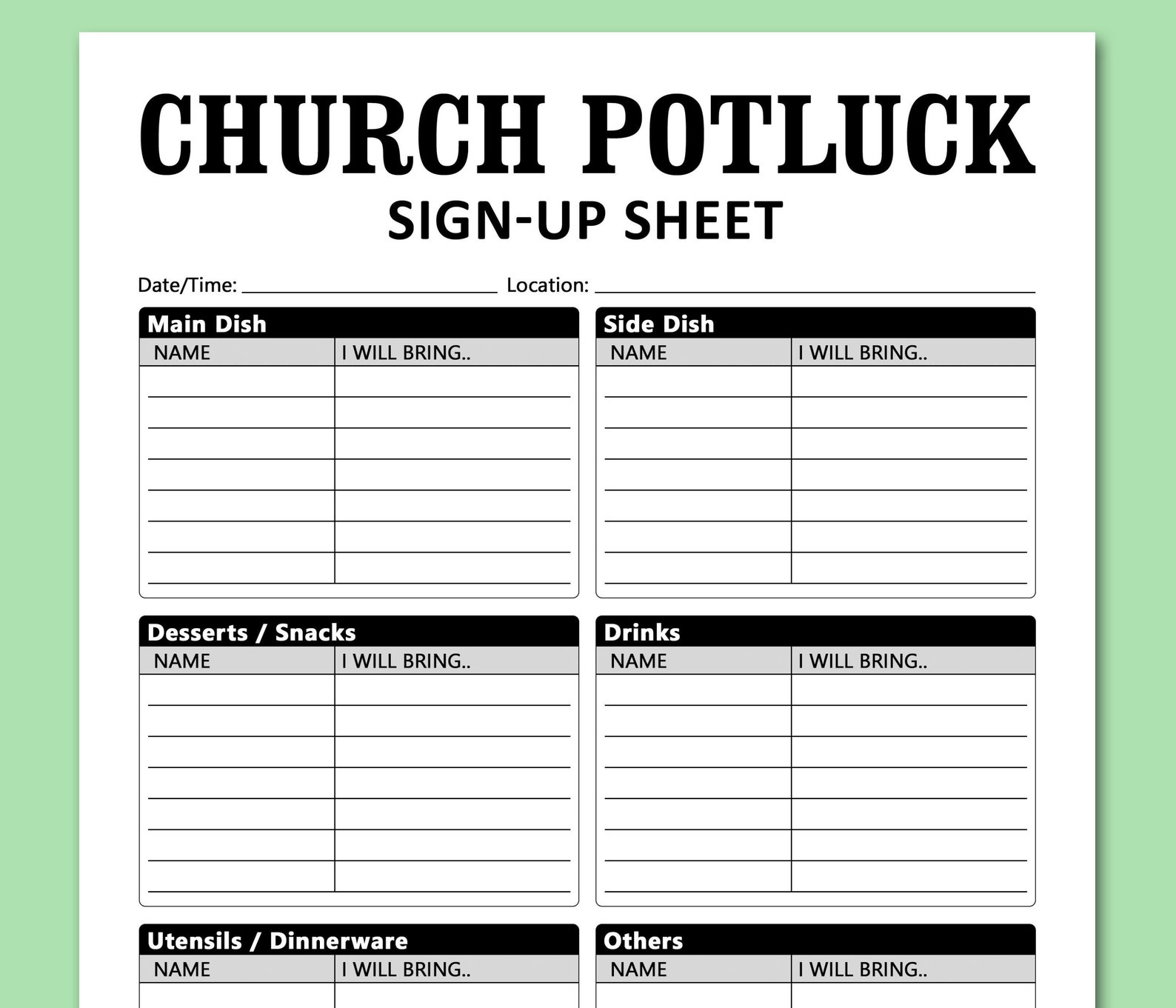 Church Potluck Sign up Sheet Printable Template, Faith Community Brunch ...