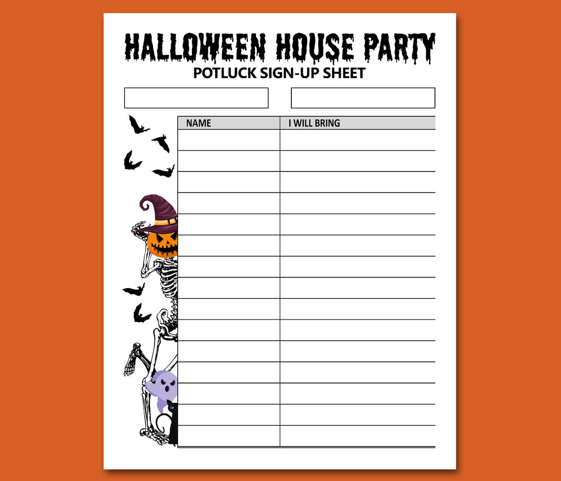 Halloween House Party Potluck Sign up Sheet Printable, Halloween Dinner ...