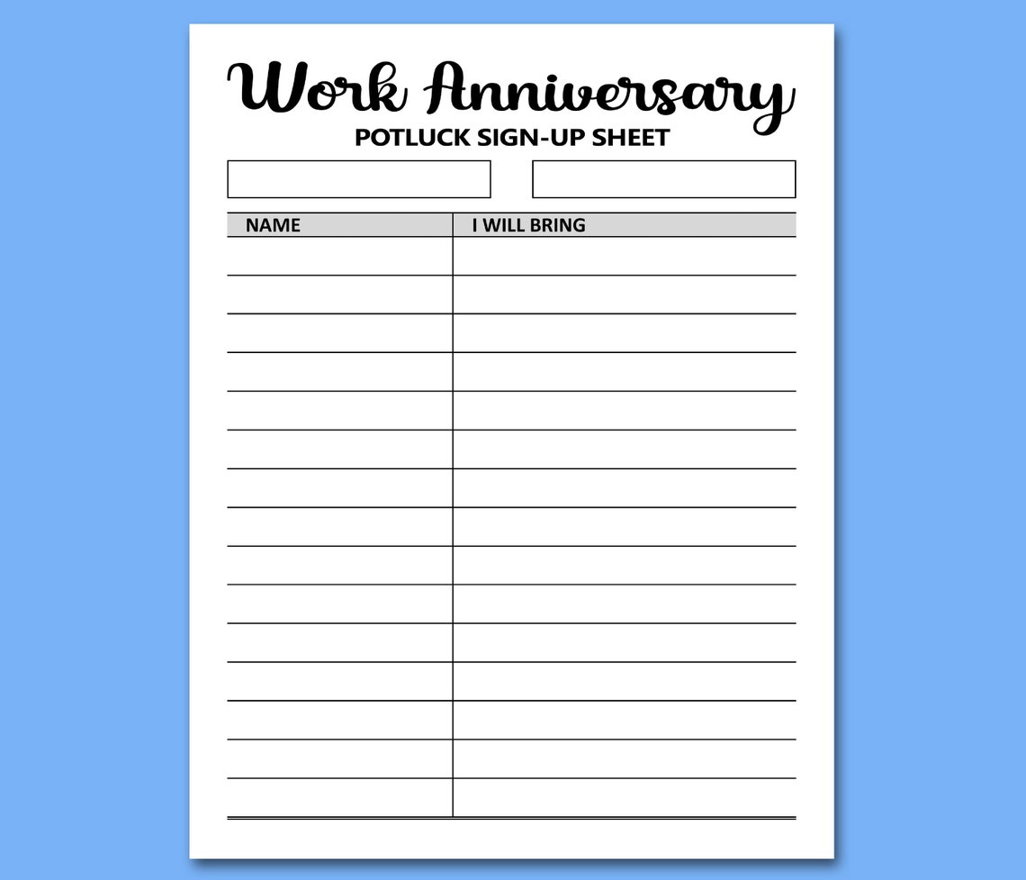 Work Anniversary Potluck Sign up Sheet PRINTABLE, Signup Form Potluck ...