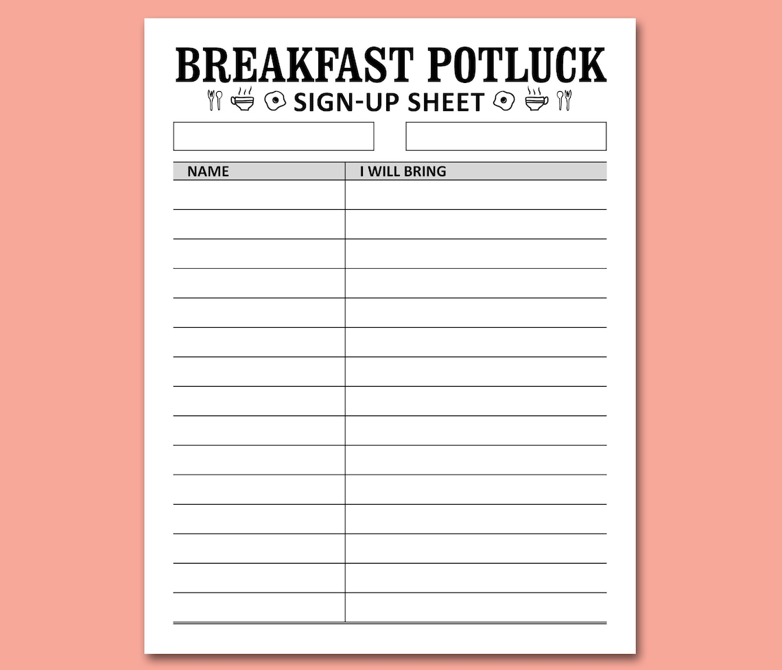 Breakfast Potluck Sign up Sheet Printable Template, Morning Celebration ...