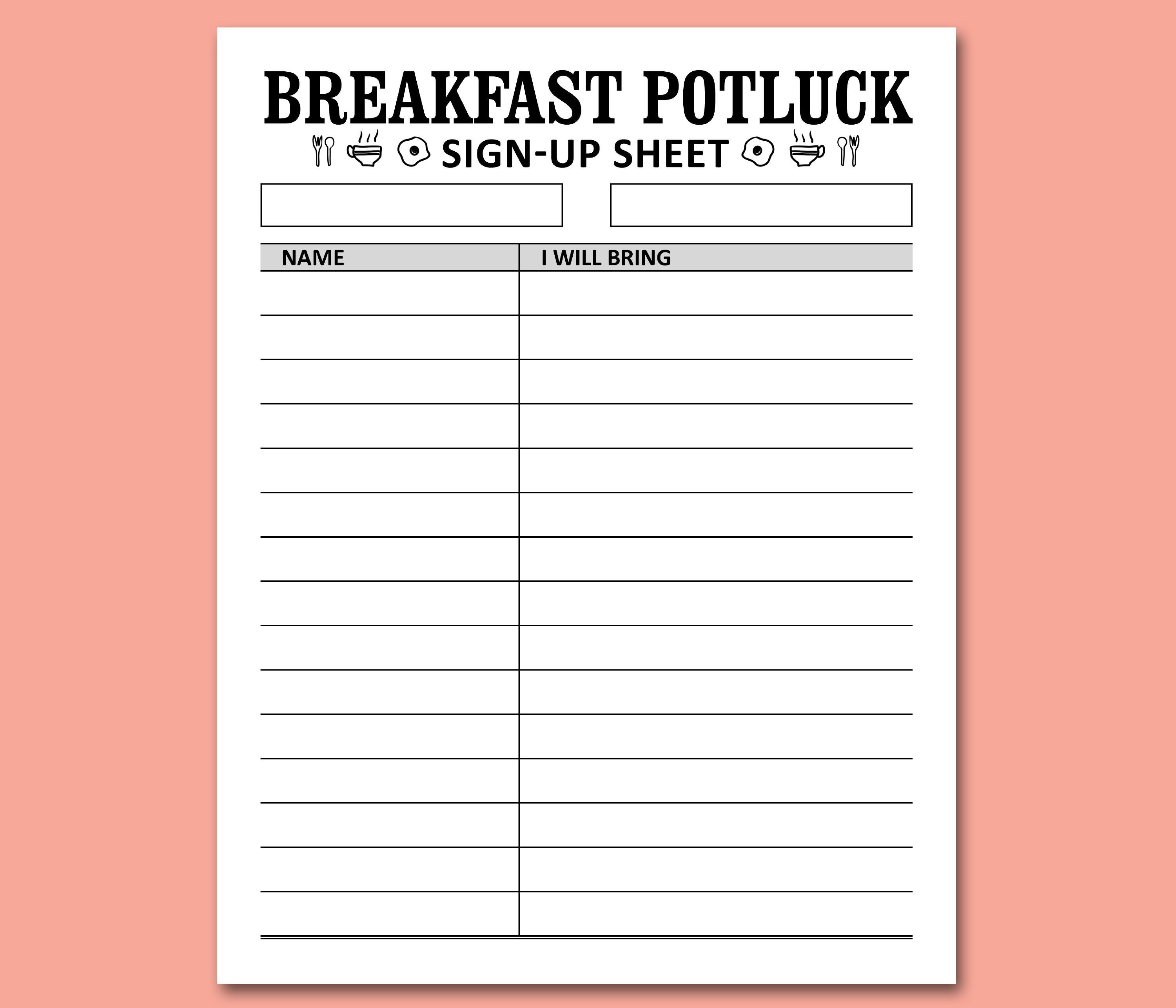 Breakfast Potluck Sign up Sheet Printable Template, Morning Celebration ...