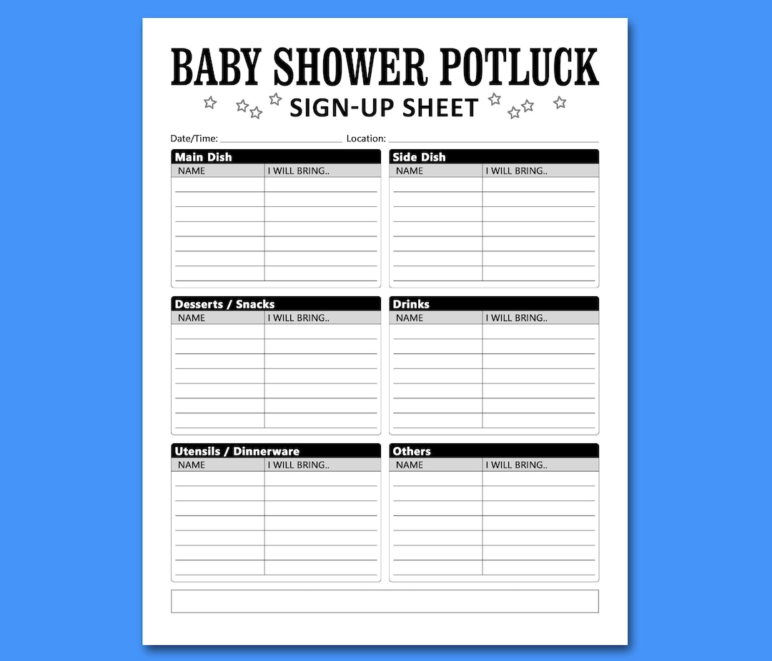 Baby Shower Potluck Sign up Sheet Printable Template, Brunch Dinner ...