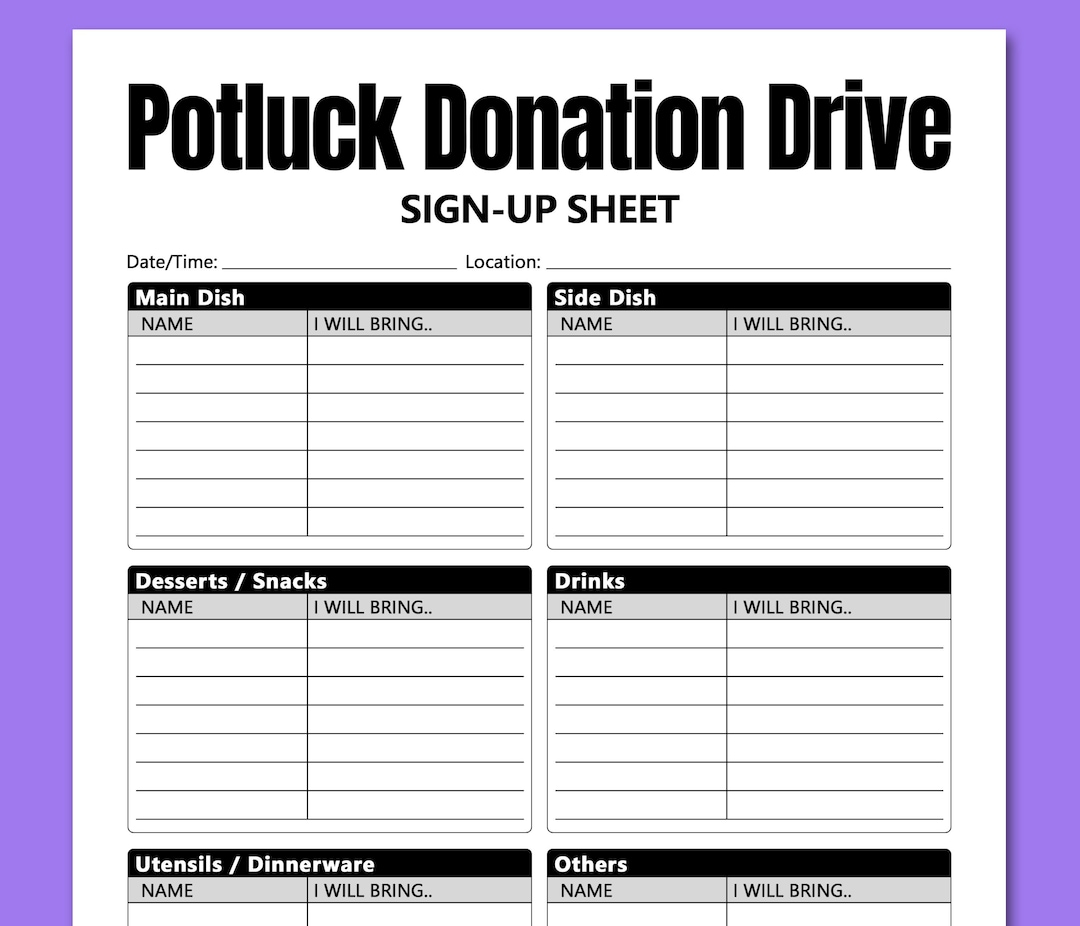 Potluck Donation Drive Sign up Sheet Printable, Signup Form Potluck ...