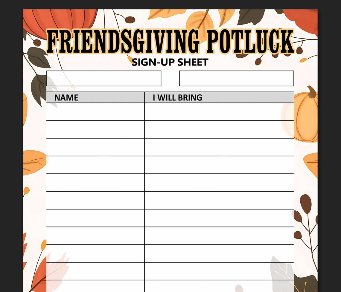 Friendsgiving Potluck Sign up Sheet Printable, Friends Thanksgiving ...