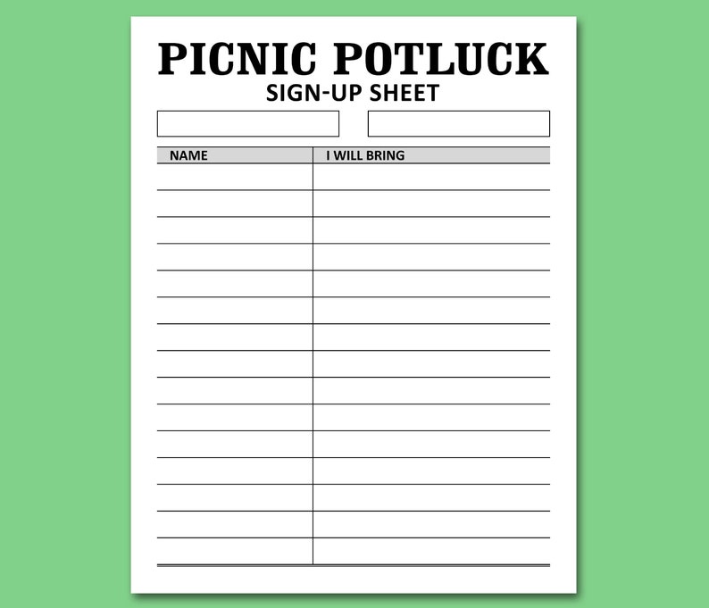 Picnic Potluck Sign up Sheet Printable Template, Celebration Gathering ...