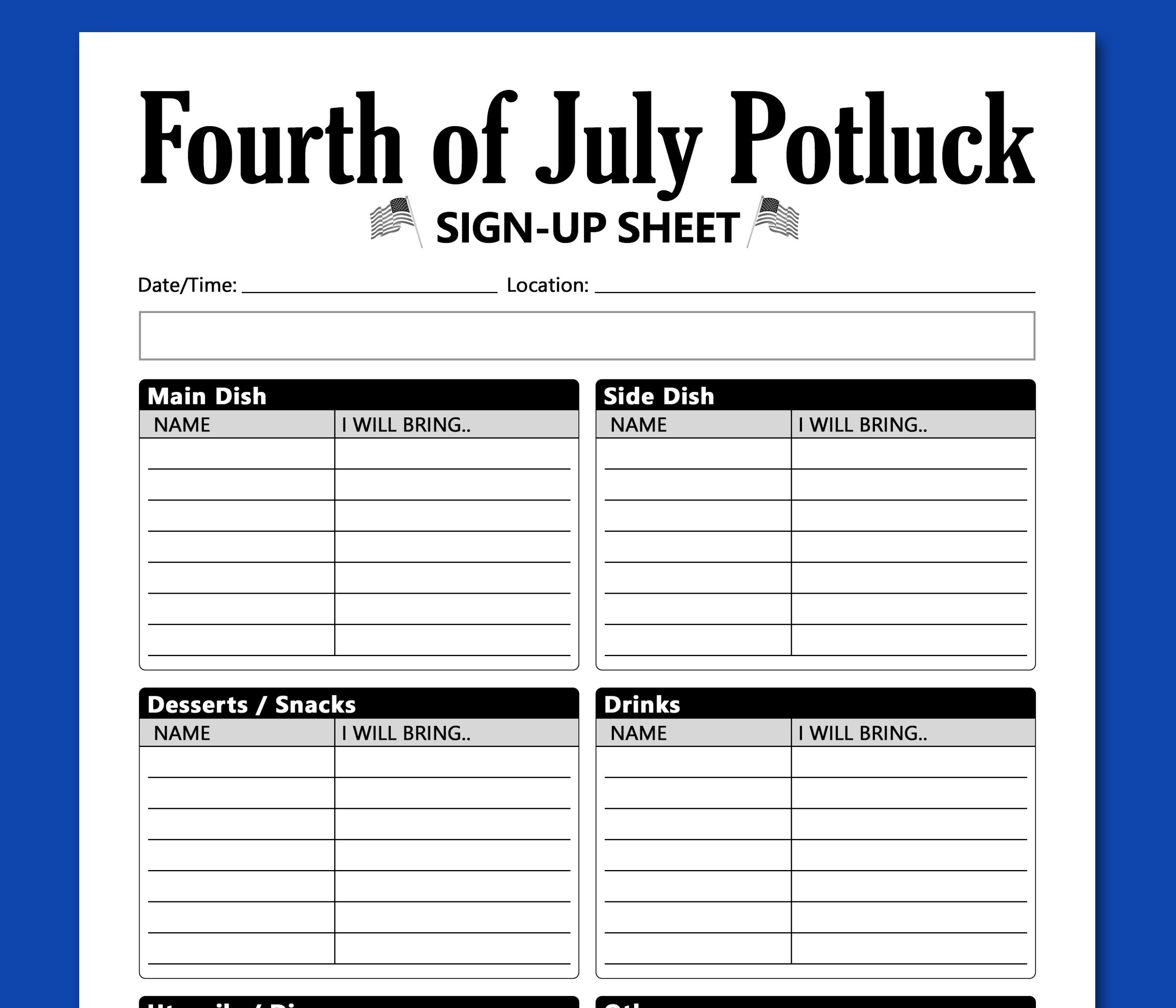 Fourth of July Potluck Sign up Sheet PRINTABLE Template, Celebration ...