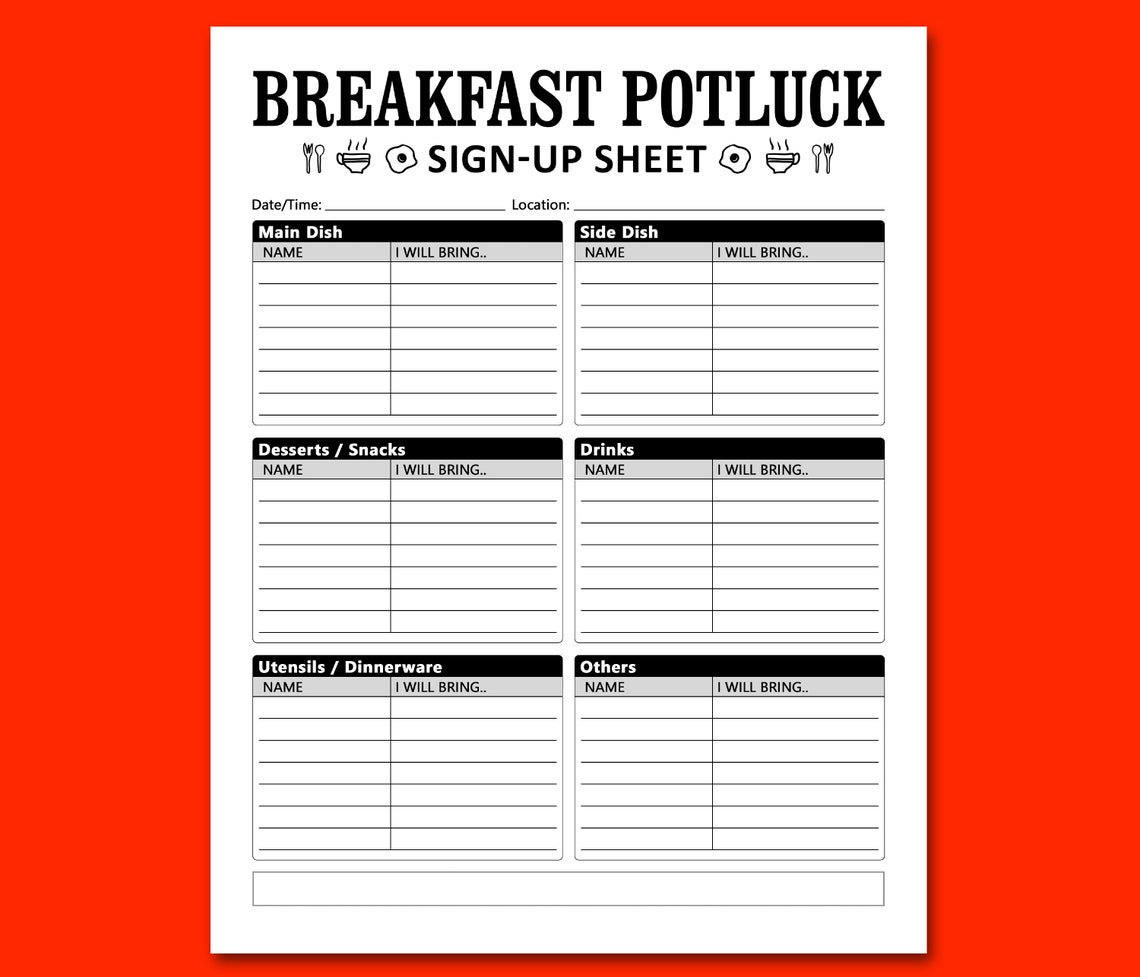 Breakfast Potluck Sign up Sheet Printable Template Morning - Etsy