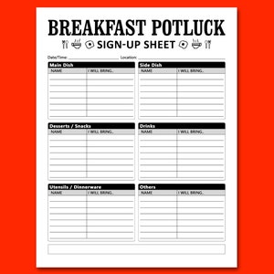 Breakfast Potluck Sign up Sheet Printable Template Morning - Etsy