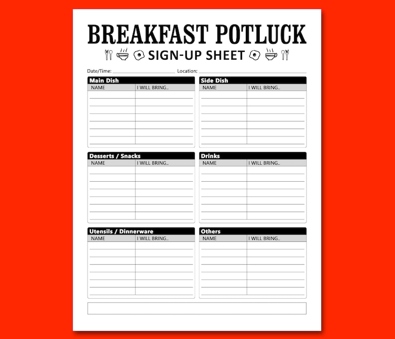 Breakfast Potluck Sign up Sheet Printable Template Morning - Etsy