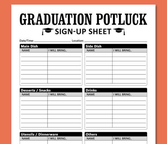 Graduation Potluck Sign up Sheet Printable Template School - Etsy