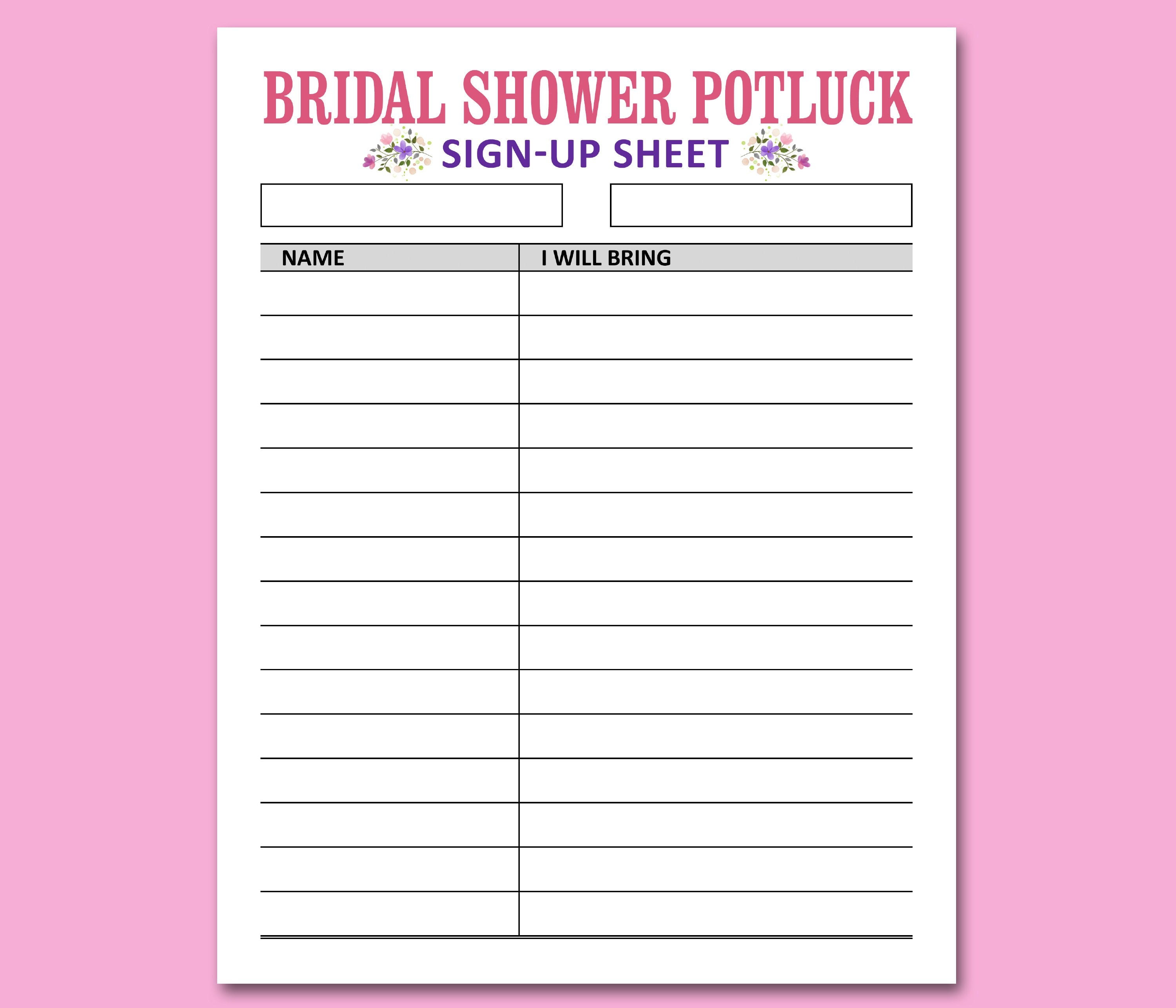 Bridal Shower Potluck Sign up Sheet Printable Template, Brunch Dinner ...