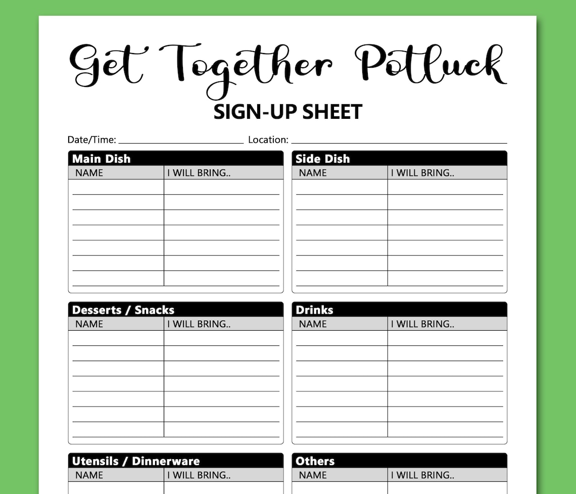 Get Together Potluck Sign up Sheet Printable, Signup Form Potluck ...