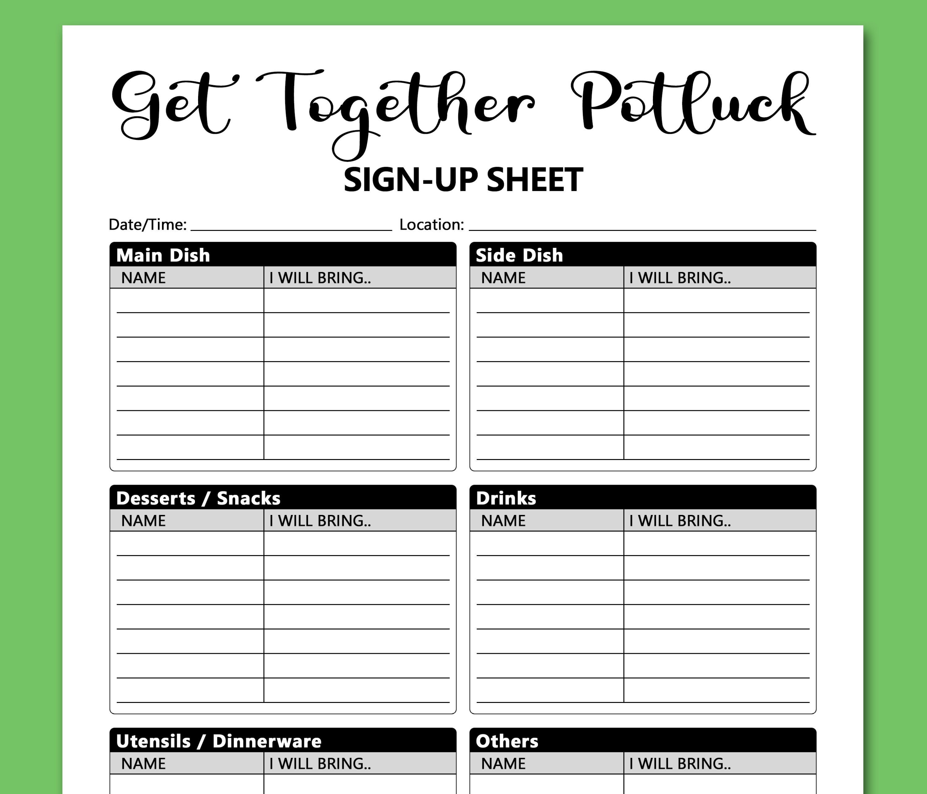 Get Together Potluck Sign up Sheet Printable, Signup Form Potluck ...
