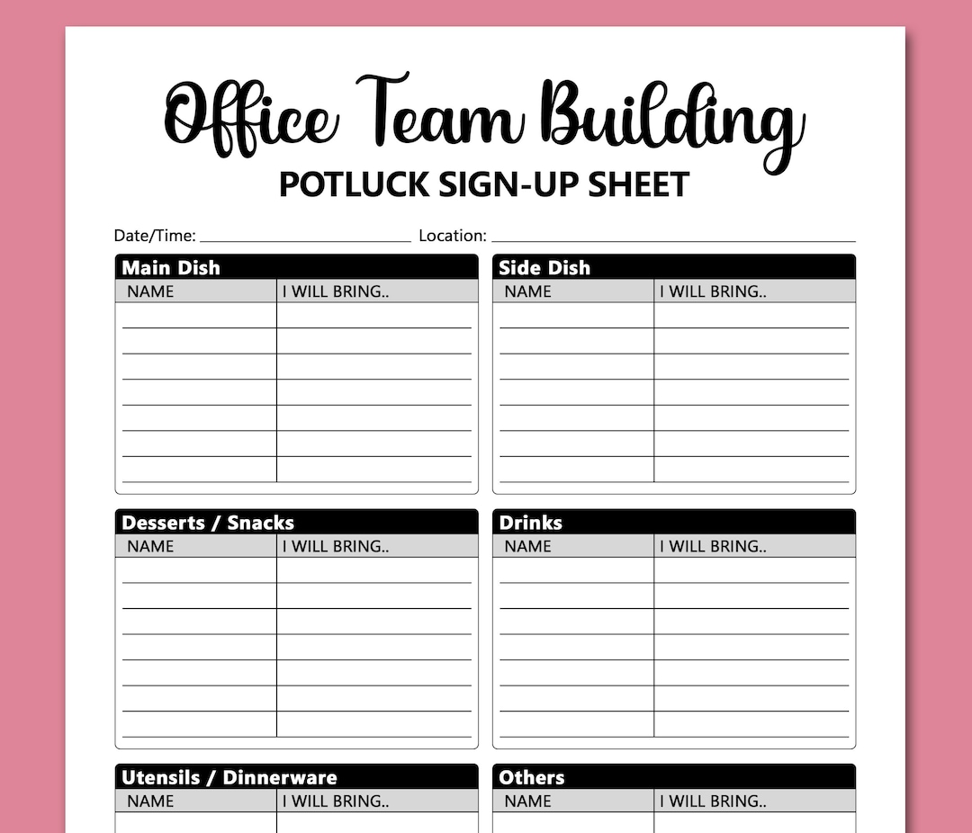 Office Team Building Potluck Sign up Sheet Printable, Signup Form ...