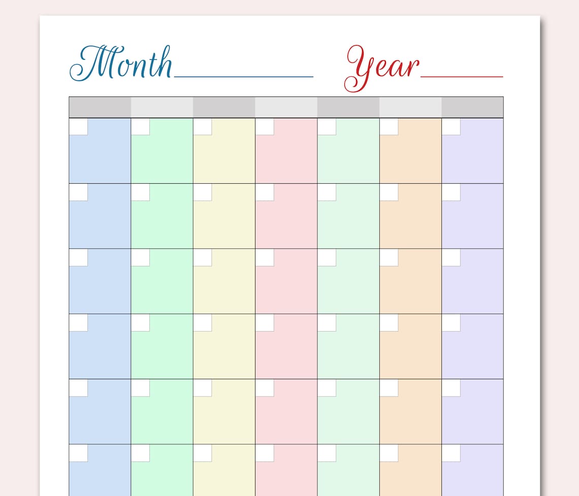 Colored BLANK Calendar Printable, Blank Perpetual Calendar, Undated ...