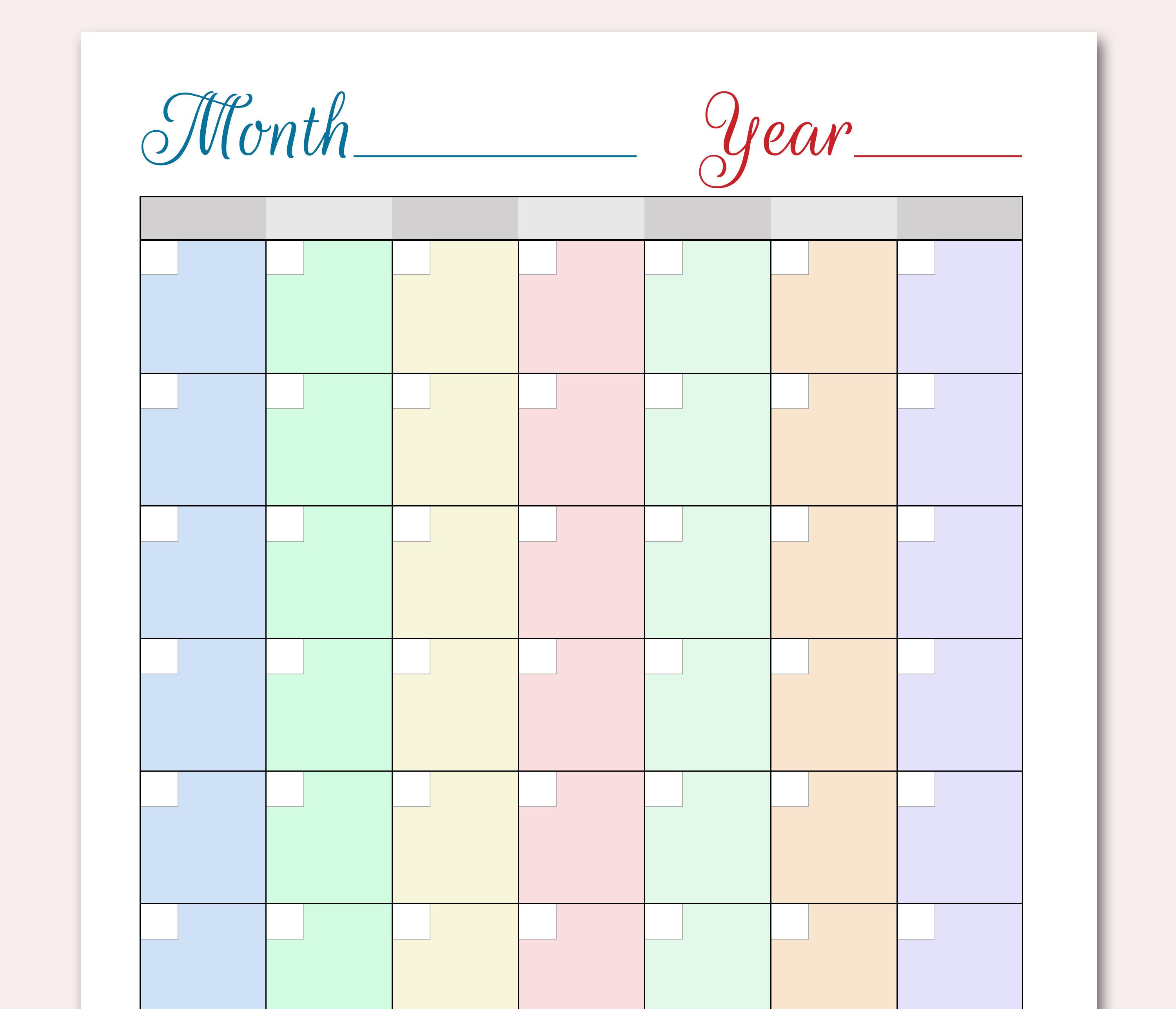 Colored BLANK Calendar Printable, Blank Perpetual Calendar, Undated ...