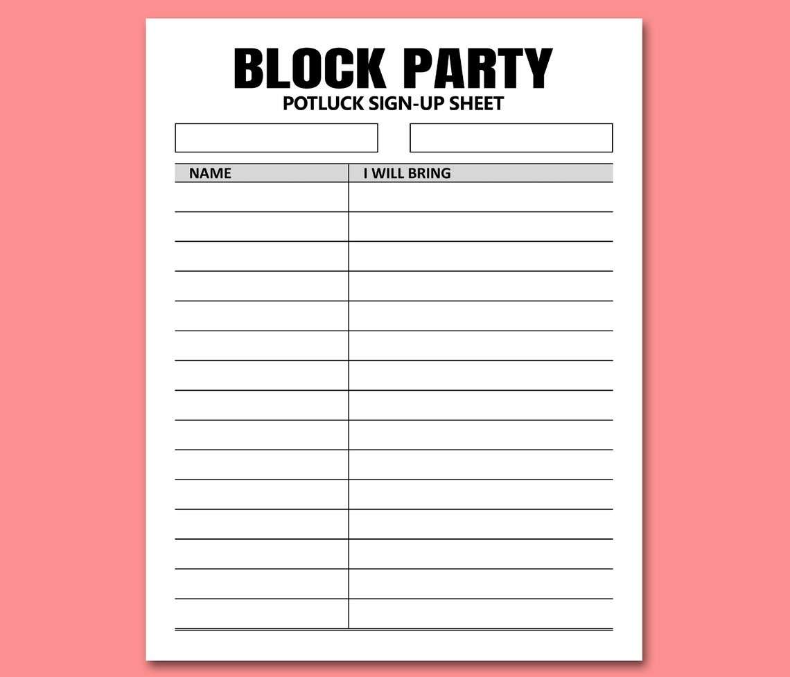 Block Party Potluck Sign up Sheet Printable, Signup Form Potluck Dinner ...