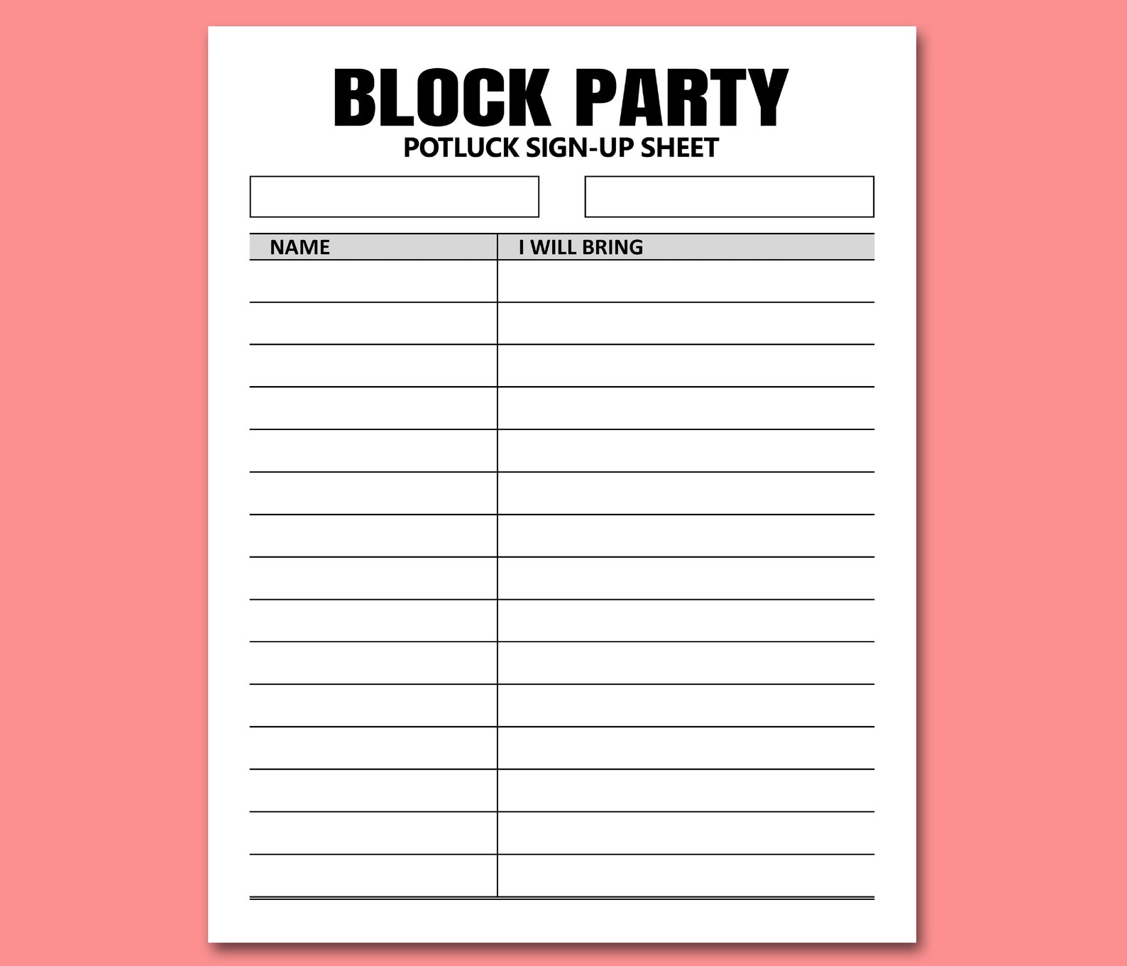 Block Party Potluck Sign up Sheet Printable, Signup Form Potluck Dinner ...