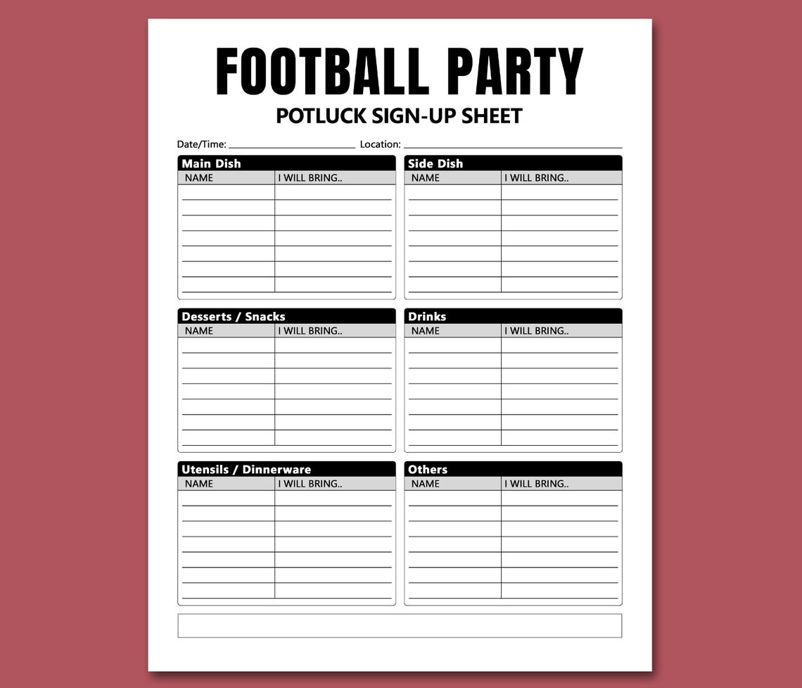 Football Party Potluck Sign up Sheet Printable, Potluck Dinner Signup ...