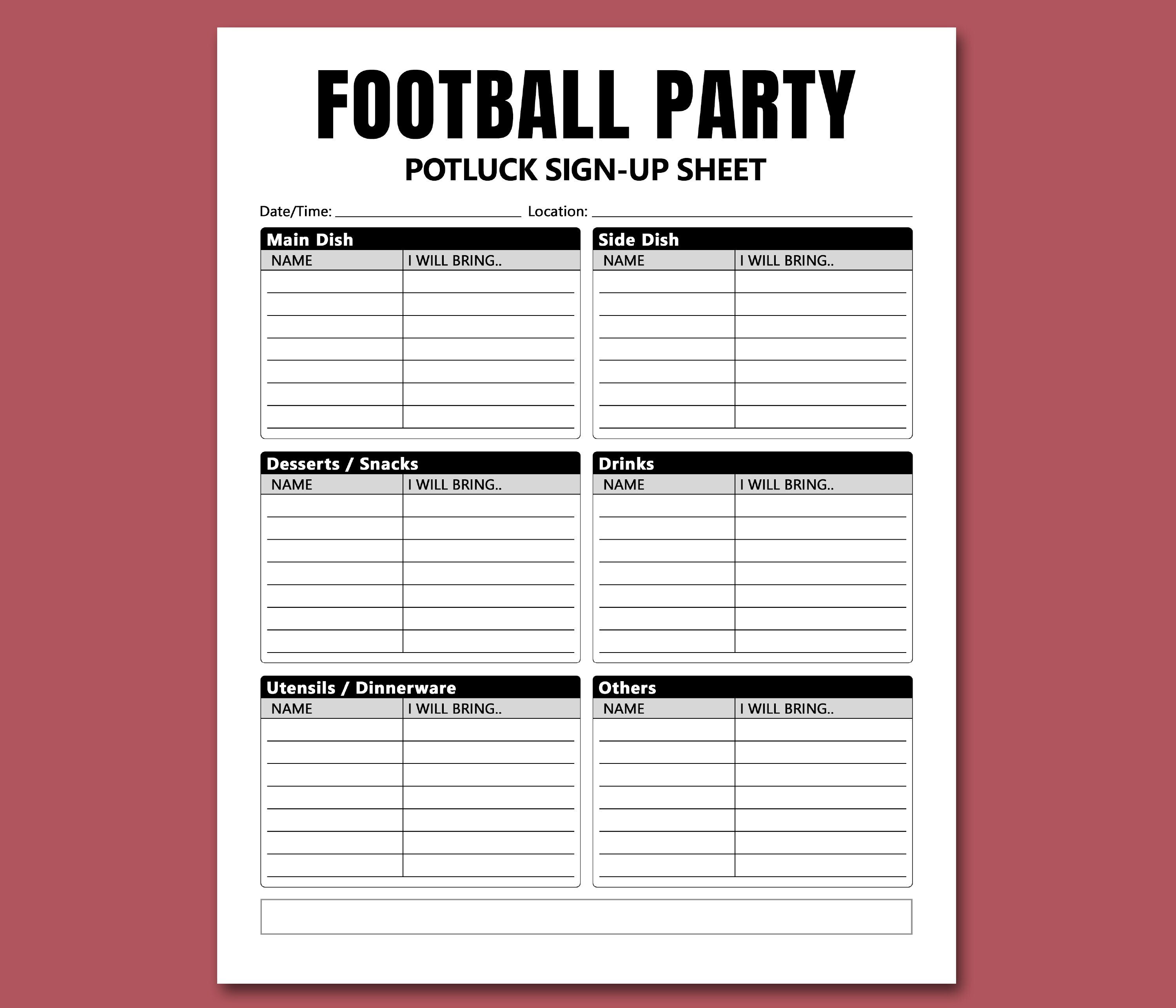 Football Party Potluck Sign up Sheet Printable, Potluck Dinner Signup ...