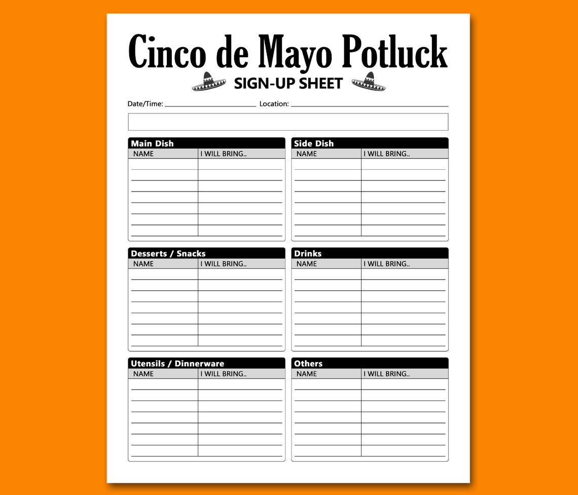 Cinco De Mayo Potluck Sign up Form PRINTABLE, Party Signup Sheet ...