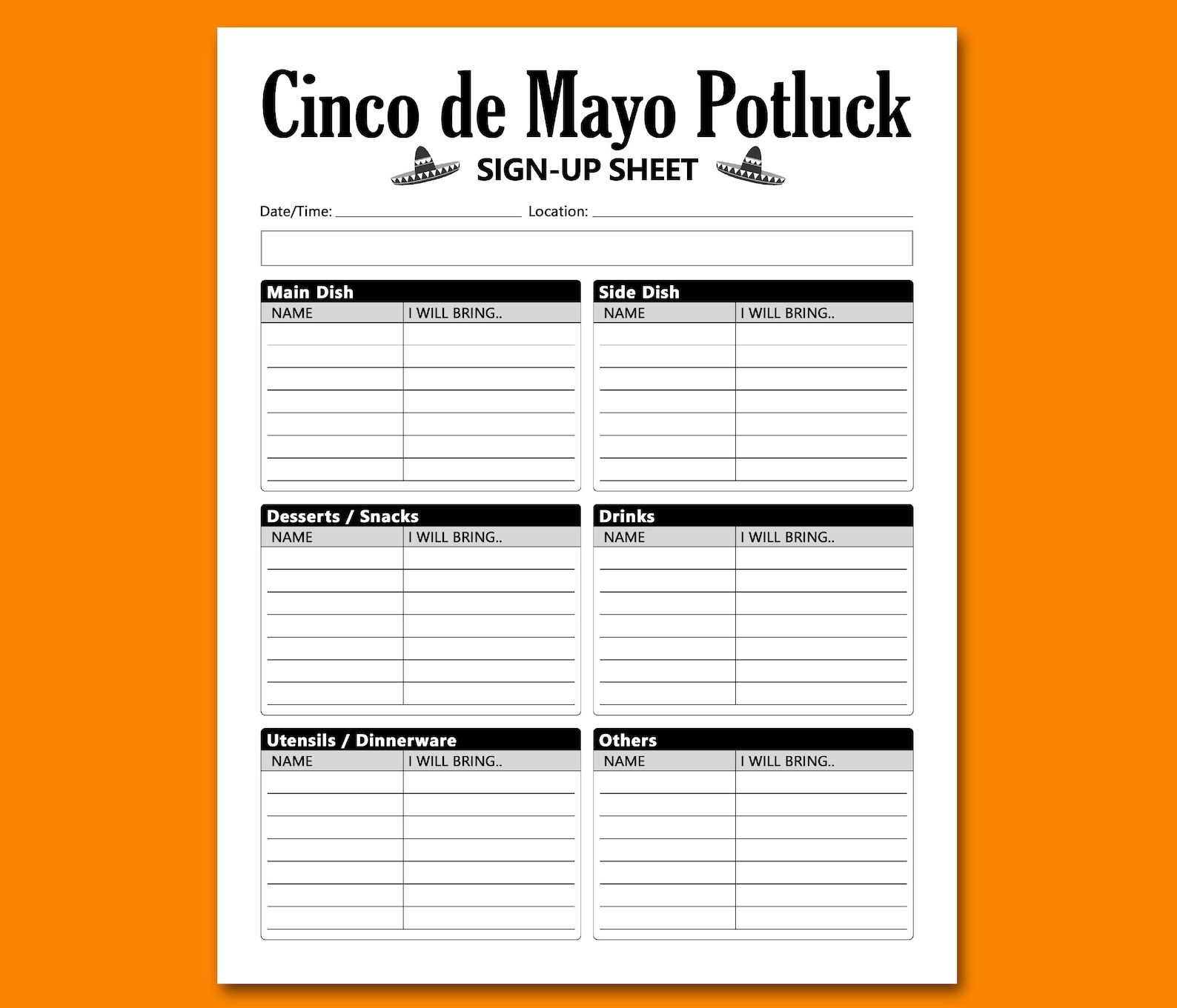 Cinco De Mayo Potluck Sign up Form PRINTABLE, Party Signup Sheet ...