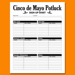 Cinco De Mayo Potluck Sign up Form PRINTABLE, Party Signup Sheet ...