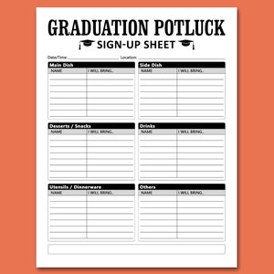 Graduation Potluck Sign up Sheet Printable Template, School College ...