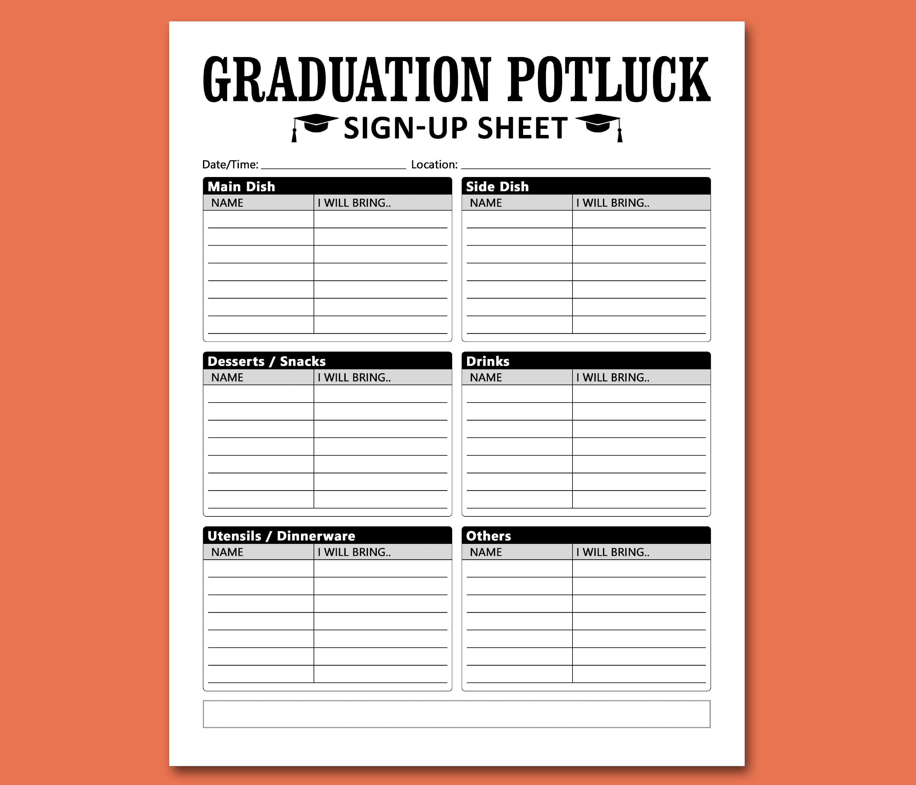 Graduation Potluck Sign up Sheet Printable Template, School College ...