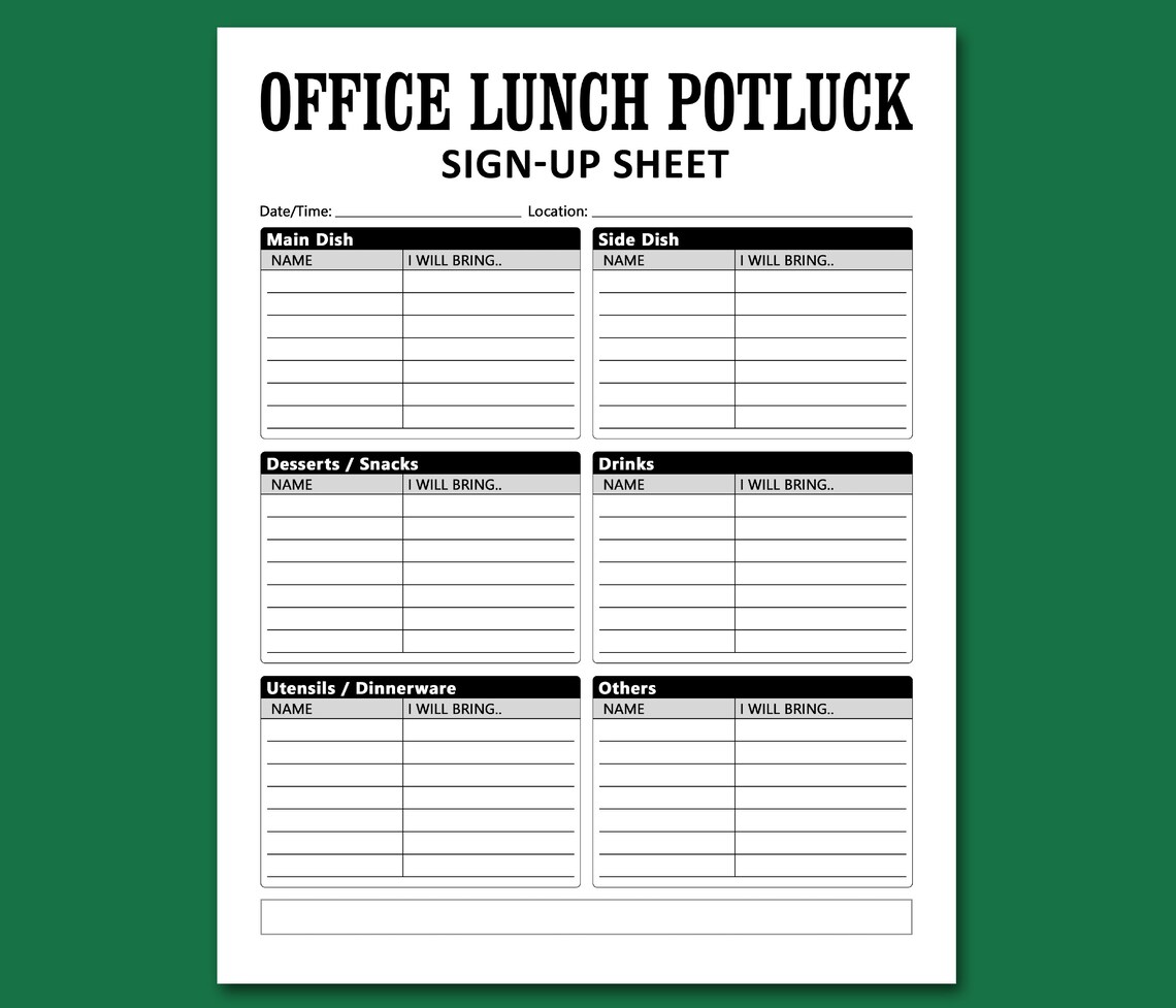 Office Lunch Potluck Sign up Sheet PRINTABLE Template, Work Celebration ...