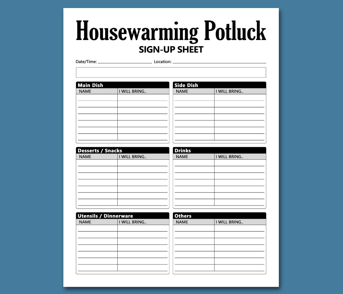 Housewarming Potluck Sign up Sheet PRINTABLE, Post-moving Party Signup ...