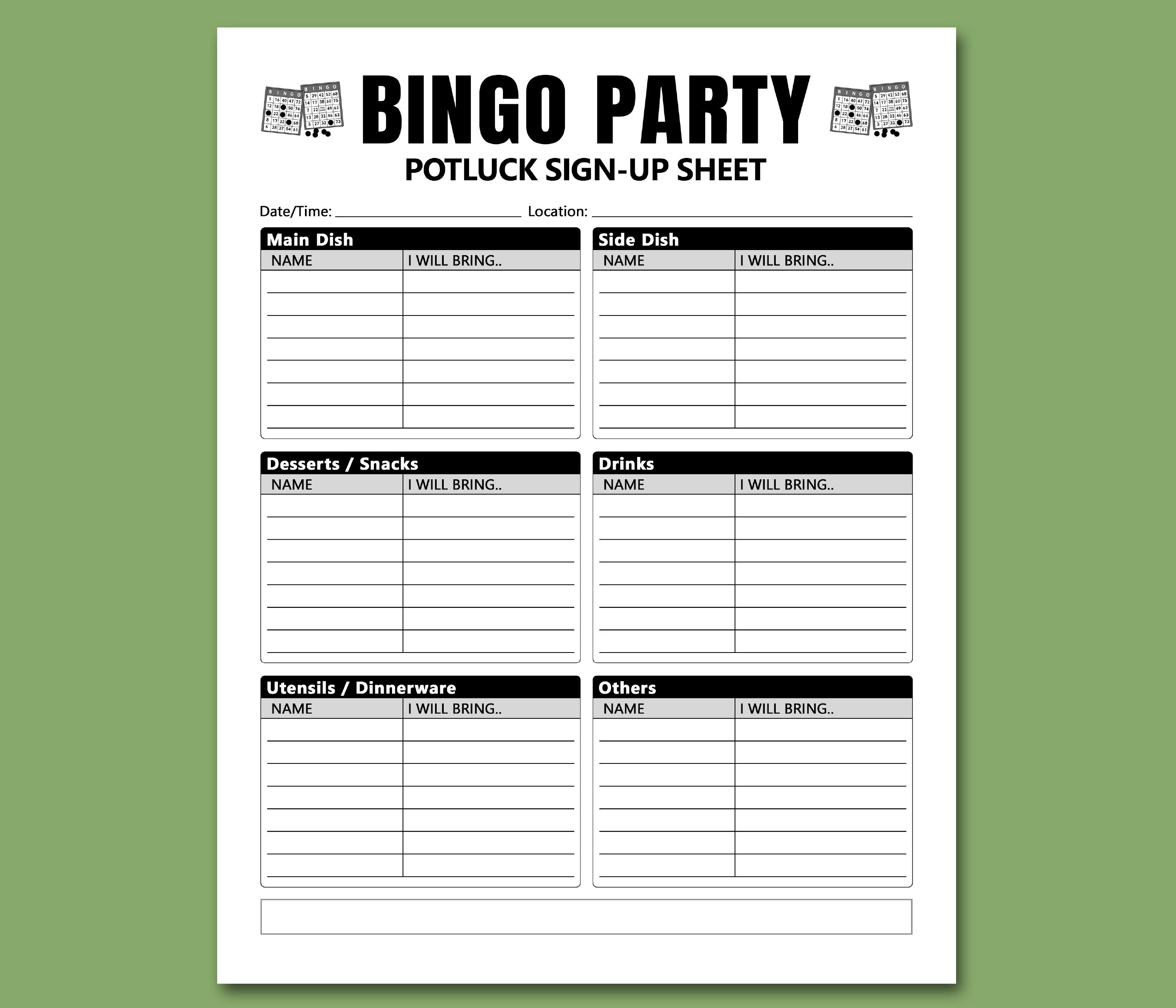 Bingo Party Potluck Sign up Sheet Printable, Signup Form for Potluck ...