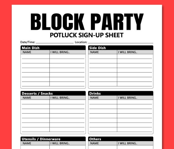 Block Party Potluck Sign up Sheet Printable Potluck Dinner | Etsy Canada
