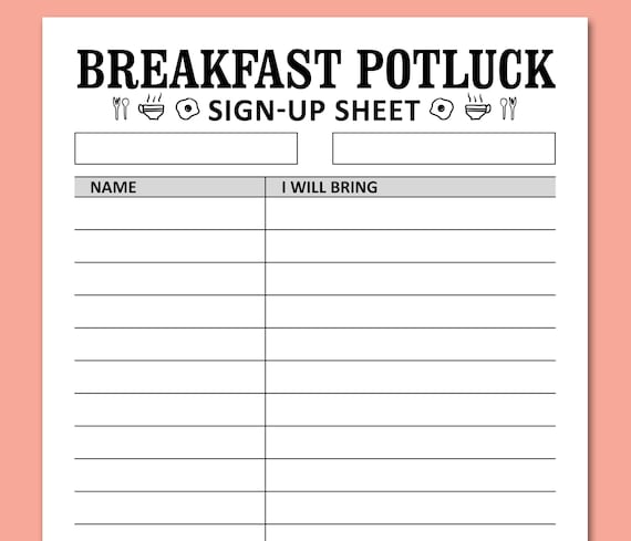 Breakfast Potluck Sign up Sheet Printable Template Morning - Etsy Norway
