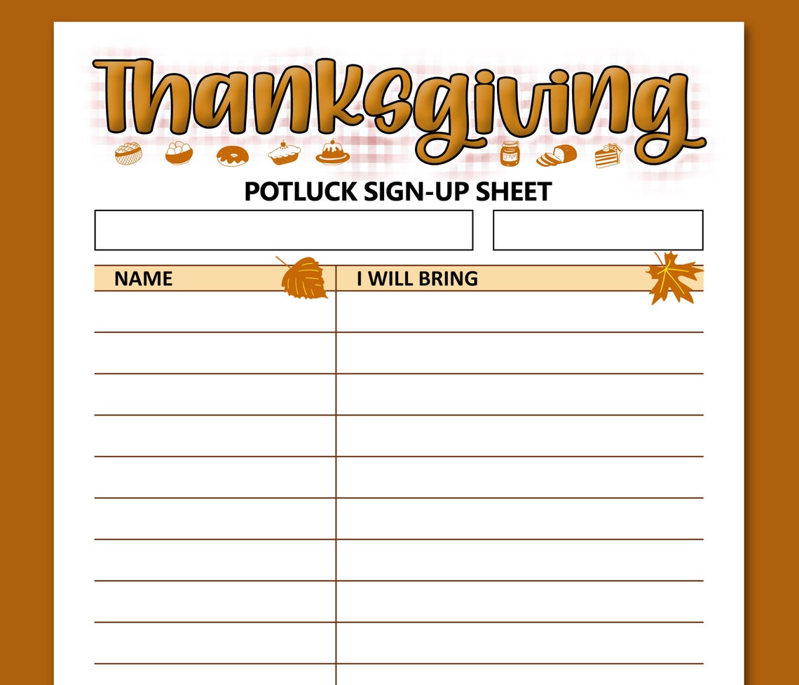 Thanksgiving Potluck Sign up Sheet Printable Form, Letter Size - Etsy