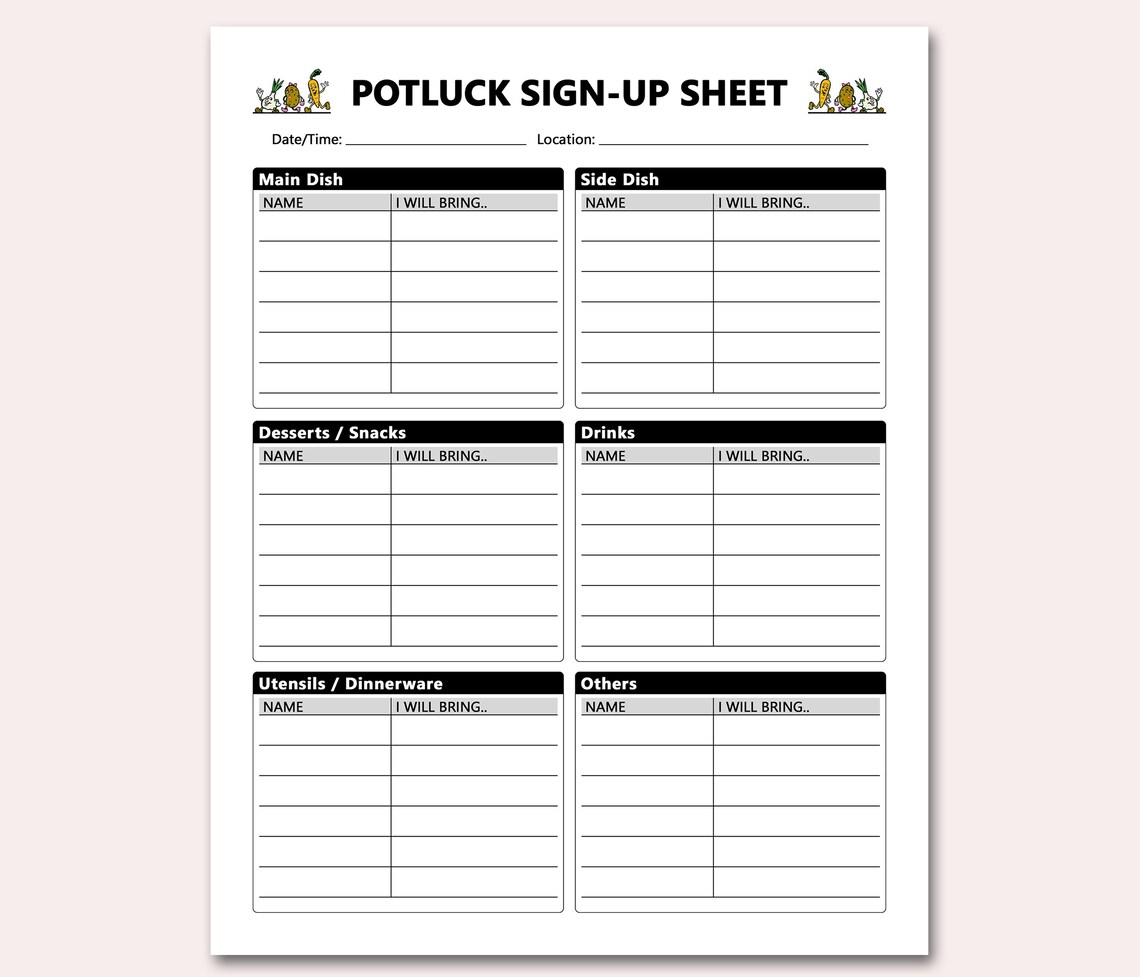 POTLUCK Sign up Sheet Printable PDF, Bring and Share, Potluck Dinner ...