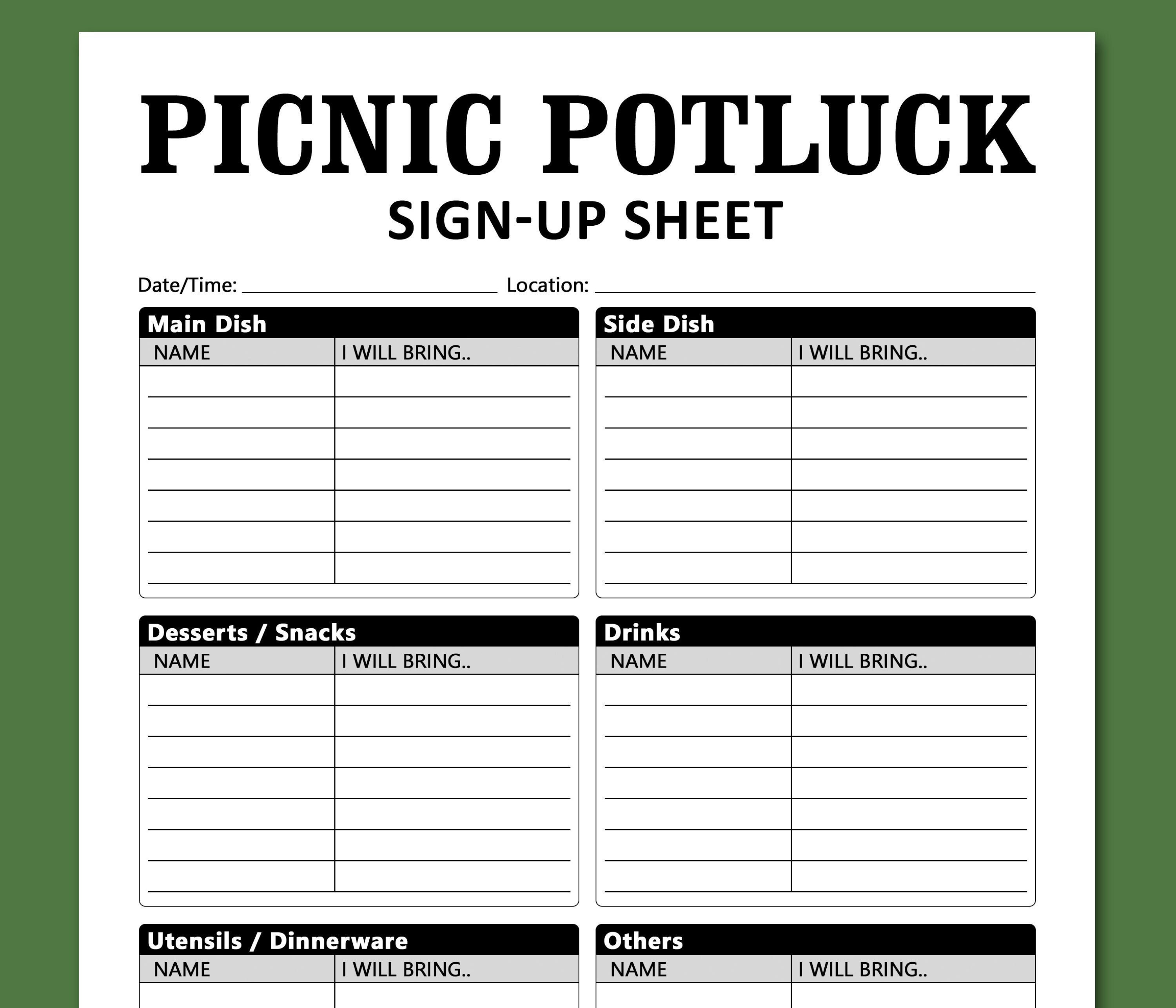 Baby Shower Potluck Sign Up Sheet Printable Template Brunch Dinner Party Food Signup Instant 