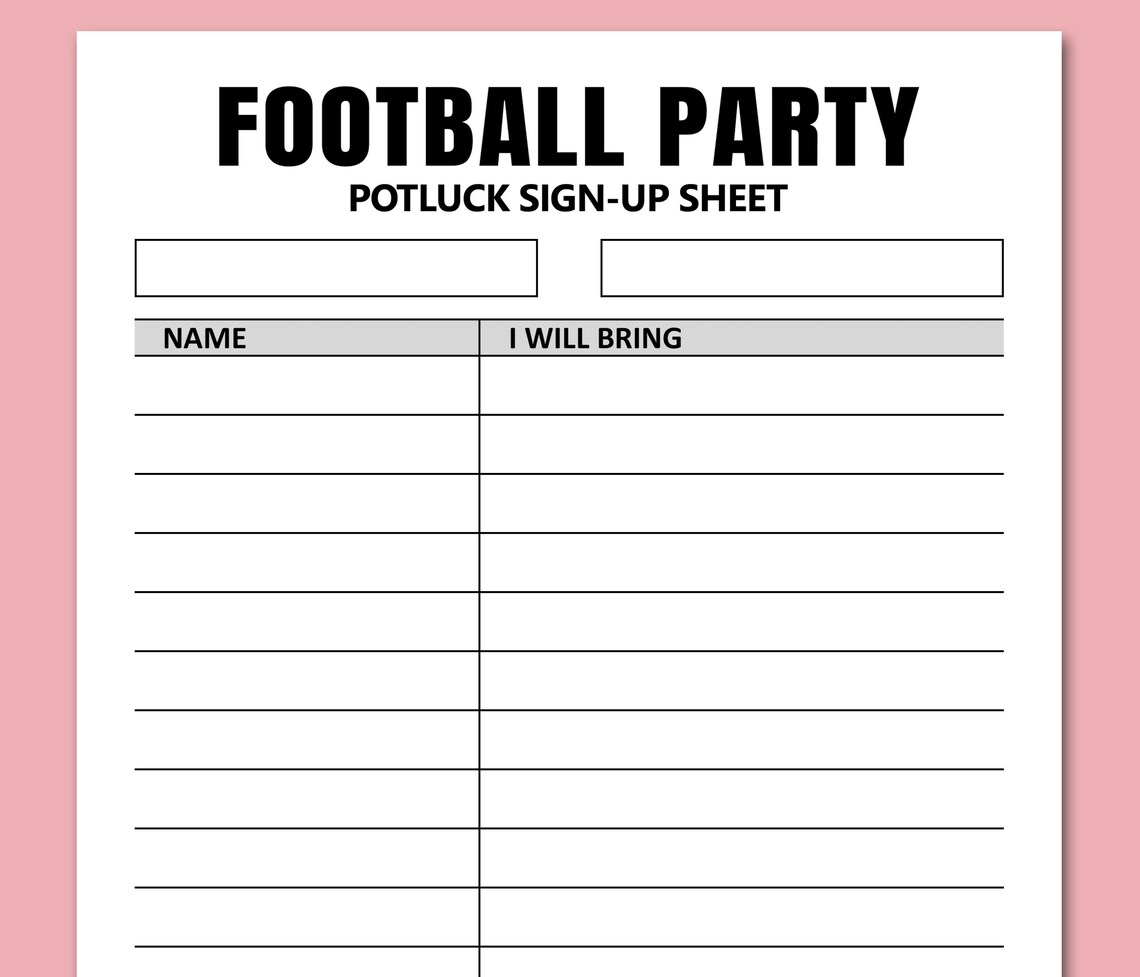 Football Party Potluck Sign up Sheet Printable, Signup Form for Potluck ...