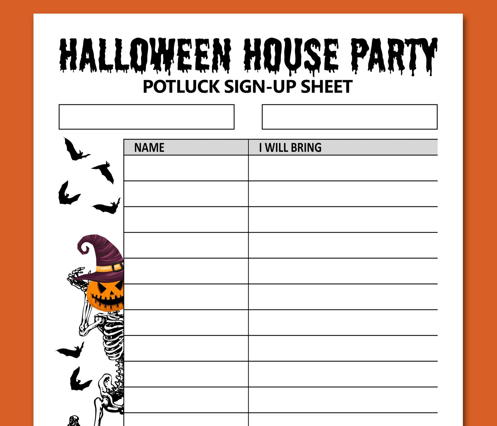 Halloween House Party Potluck Sign up Sheet Printable, Halloween Dinner ...