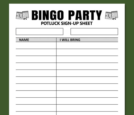 Bingo Party Potluck Sign up Sheet Printable, Gaming Potluck Dinner ...