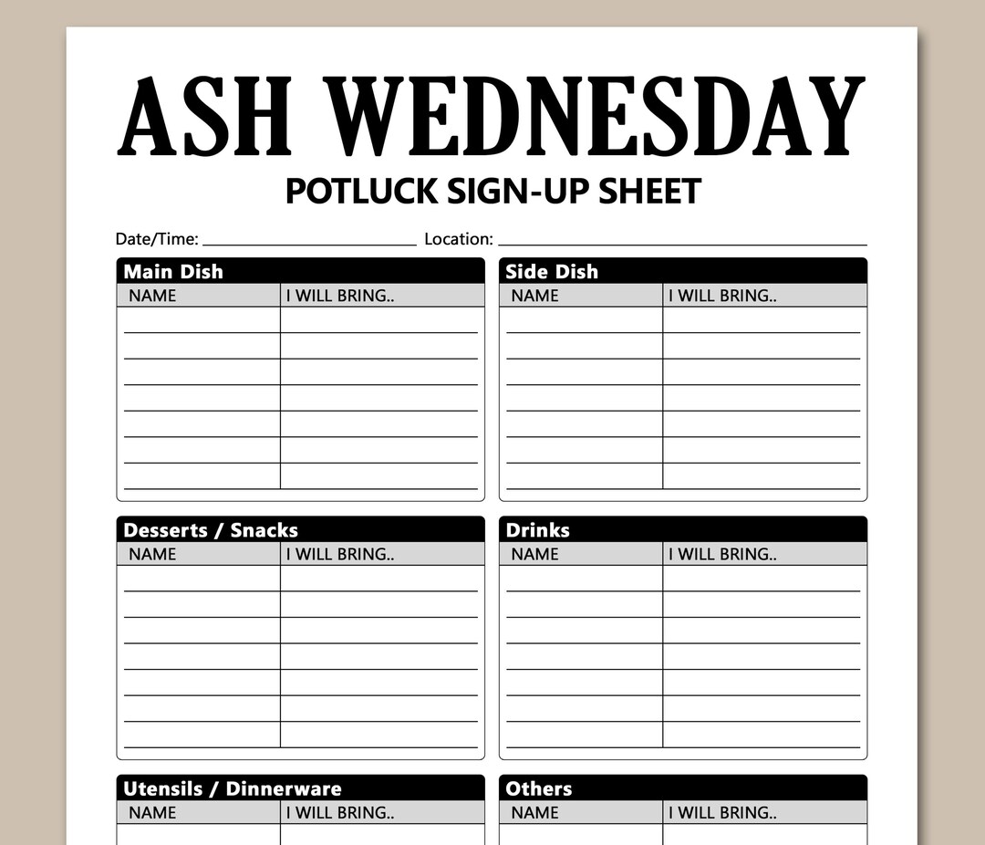 Ash Wednesday Potluck Sign up Sheet Printable Signup Form for - Etsy