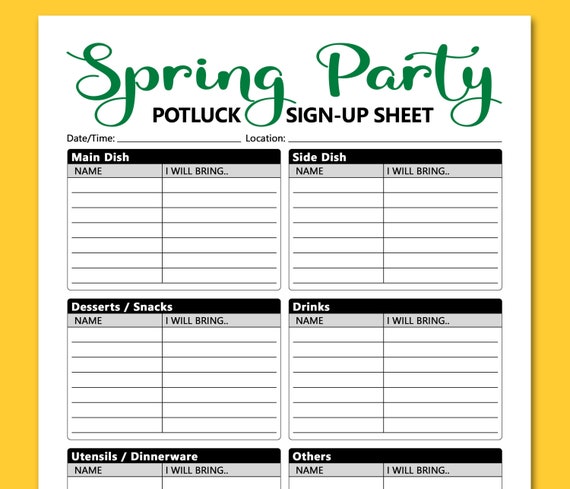 Spring Office Potluck Sign Up Sheet