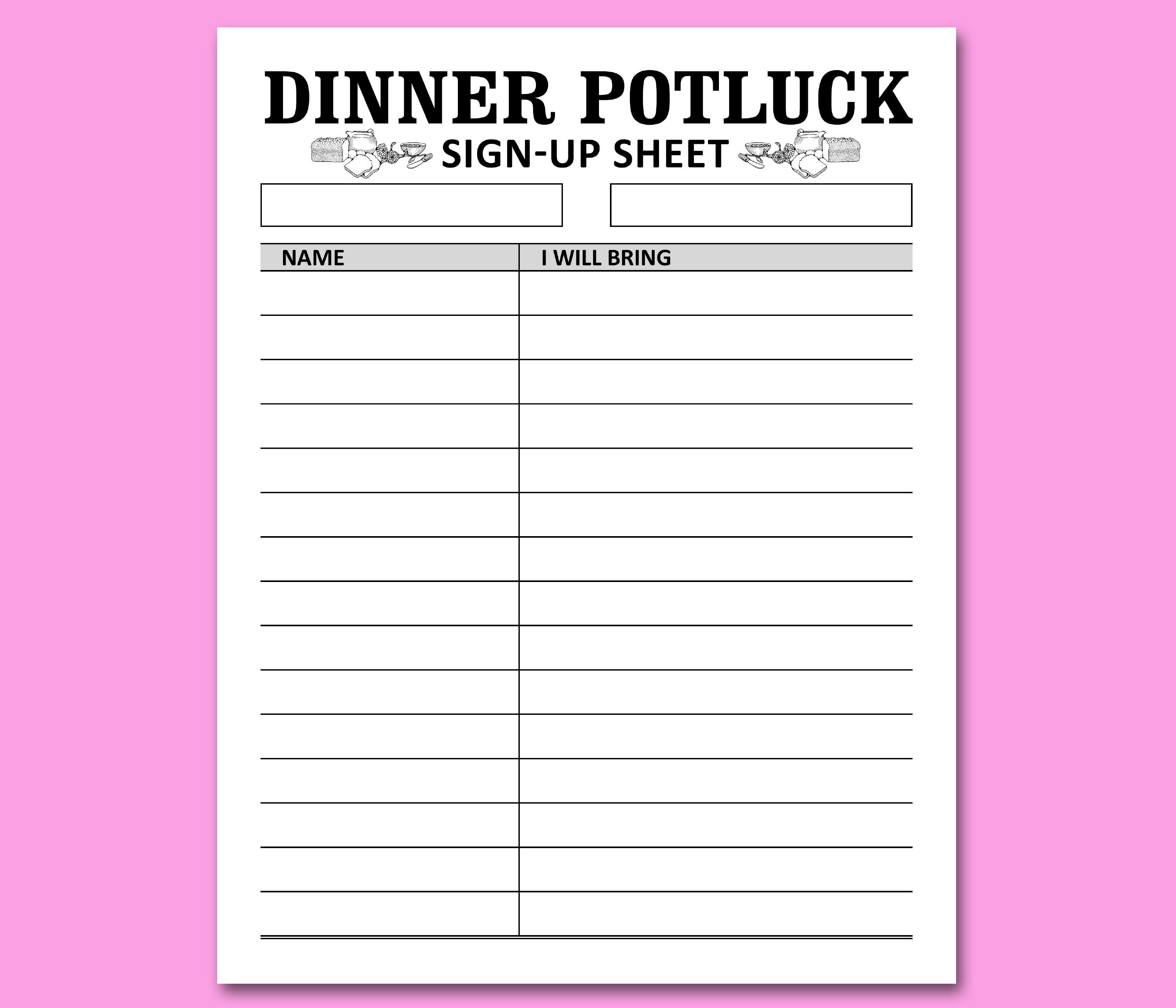 Dinner Potluck Sign up Sheet PRINTABLE Template, Office Celebration Co ...