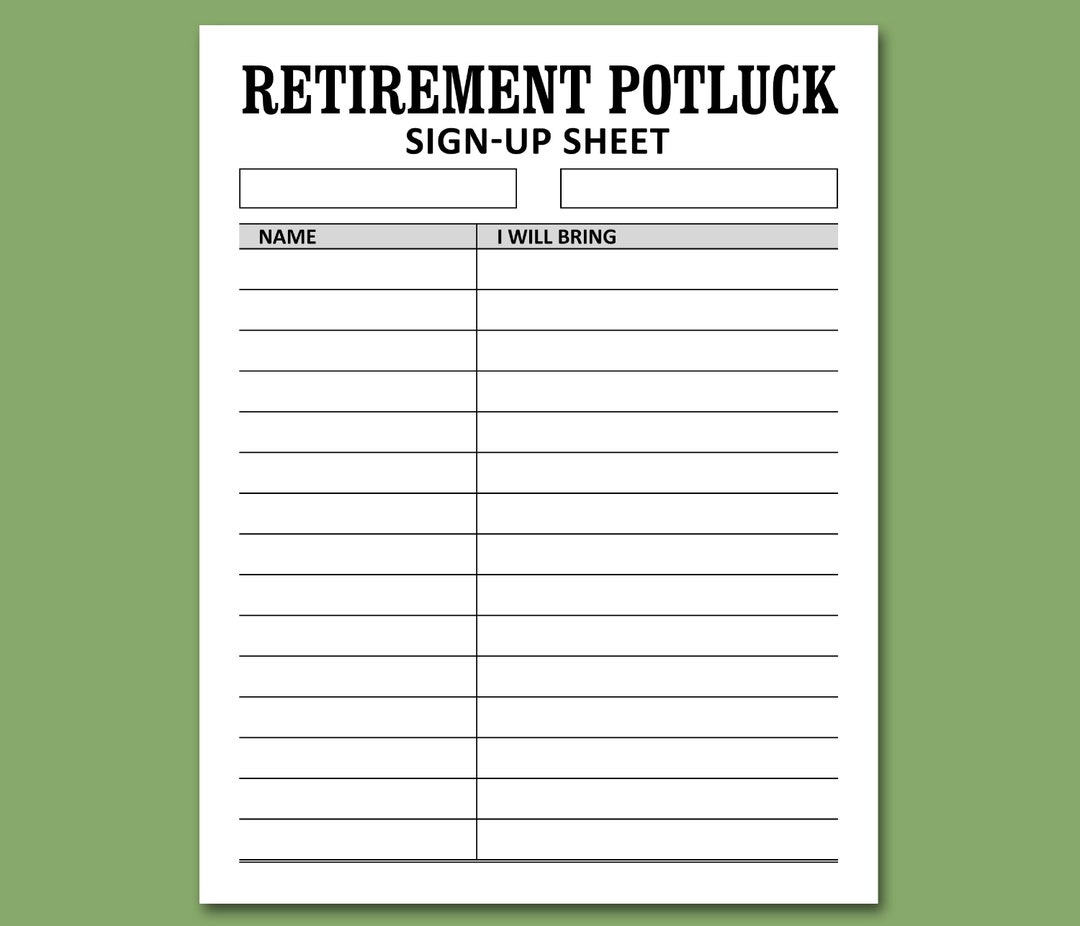 Retirement Potluck Sign up Sheet Printable Template, Brunch Dinner ...