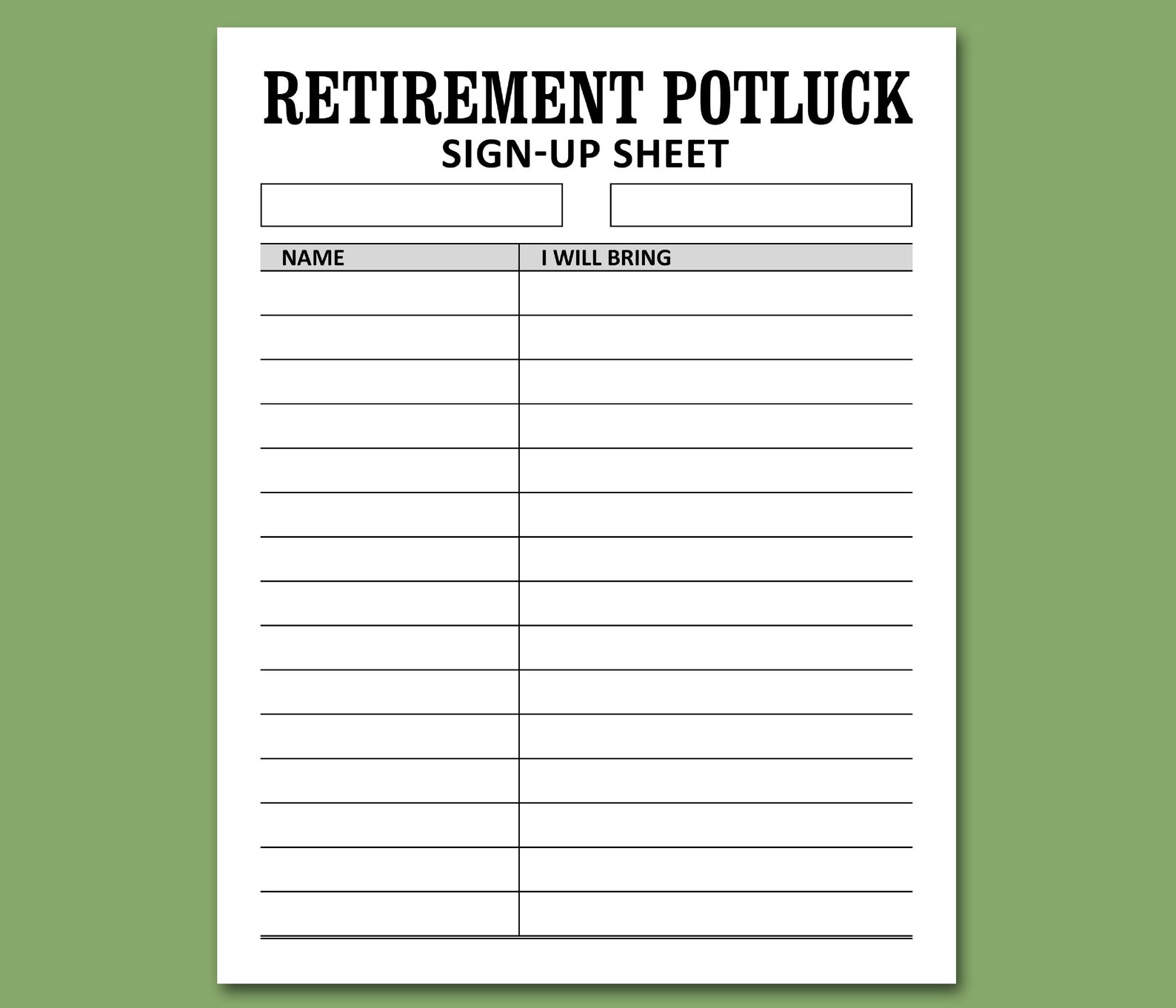 Retirement Potluck Sign up Sheet Printable Template, Brunch Dinner ...
