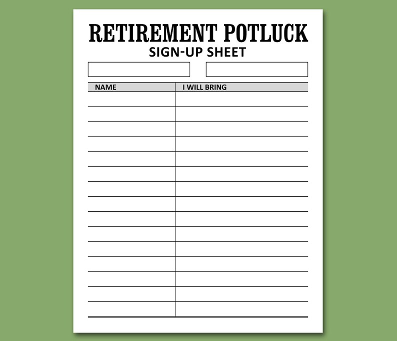 Retirement Potluck Sign up Sheet Printable Template, Brunch Dinner ...