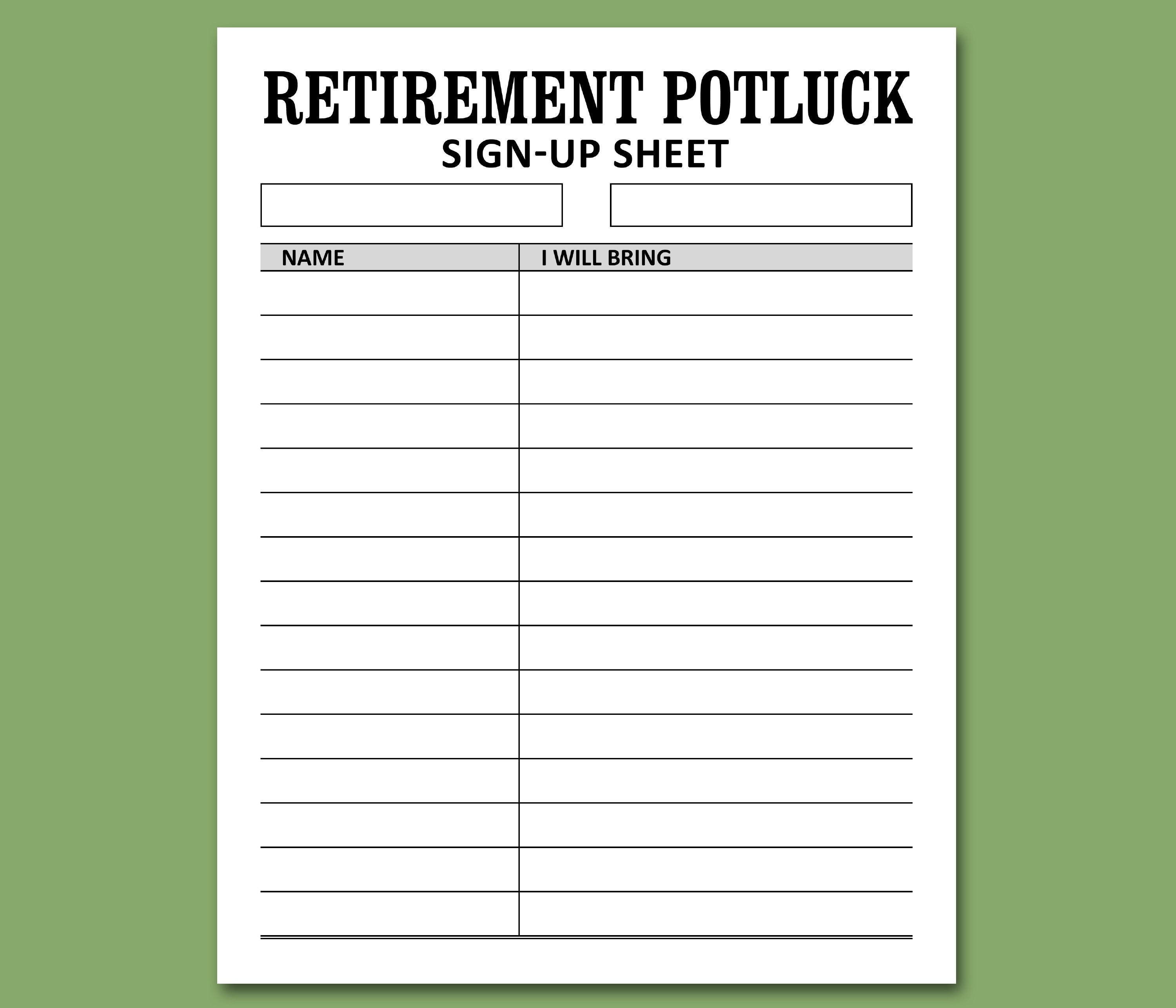 Retirement Potluck Sign up Sheet Printable Template, Brunch Dinner ...