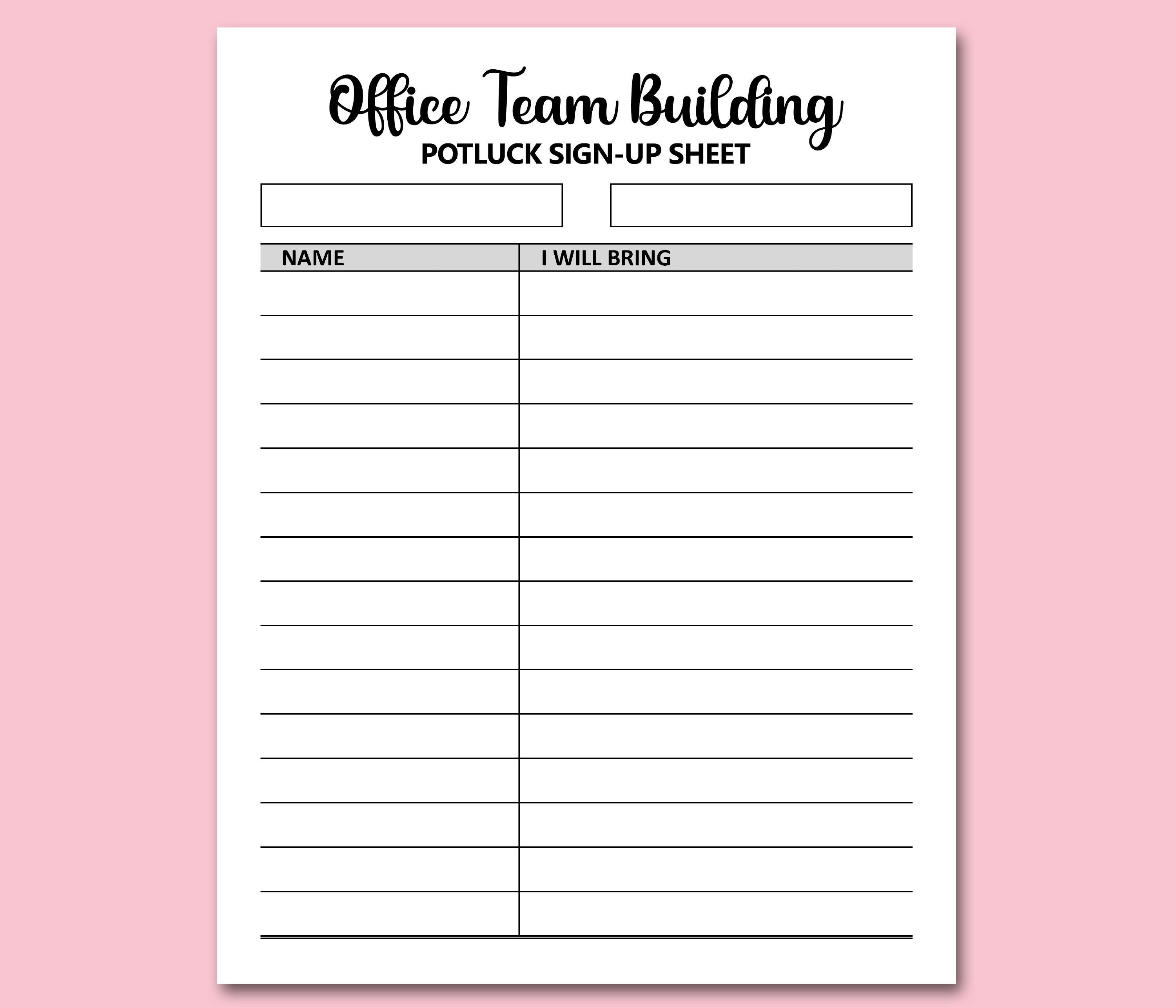 Office Team Building Potluck Sign up Sheet Printable, Signup Form ...